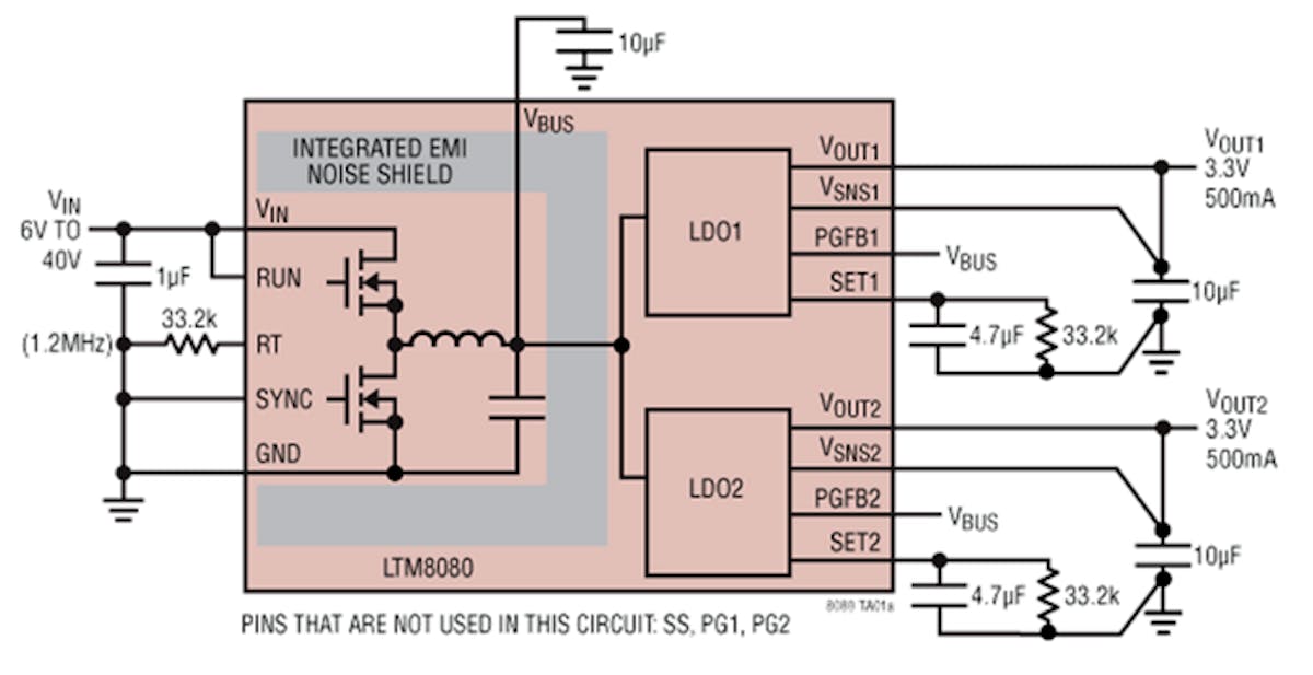Switcher Output Drives LDOs in Ultra-Low-Noise, Ultra-High-PSRR Buck-Regulator Module ...